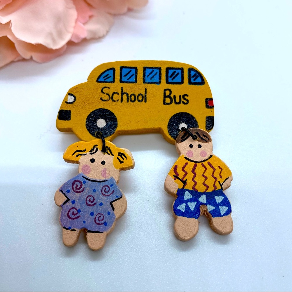 Vintage Wooden Yellow School Bus Pin - Gem